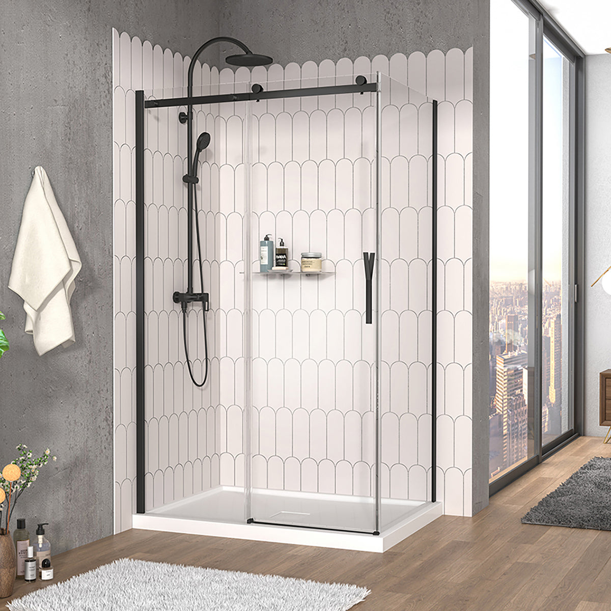 2-sided shower door Vaia Collection clear glass (closes against the re ...